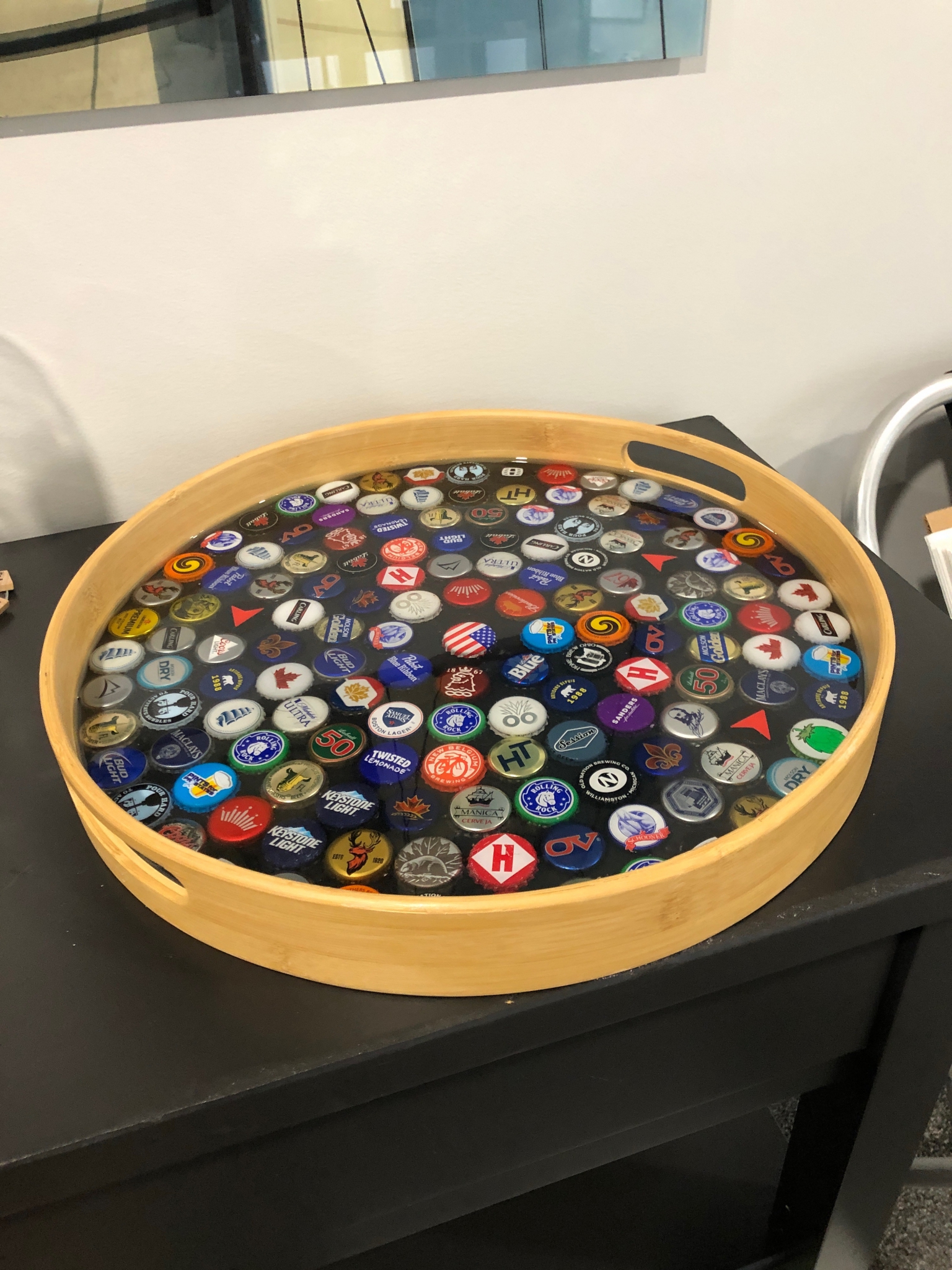 Beer Cap Tray by Jean Macaluso | 16" x 16" | Beer Caps & Resin